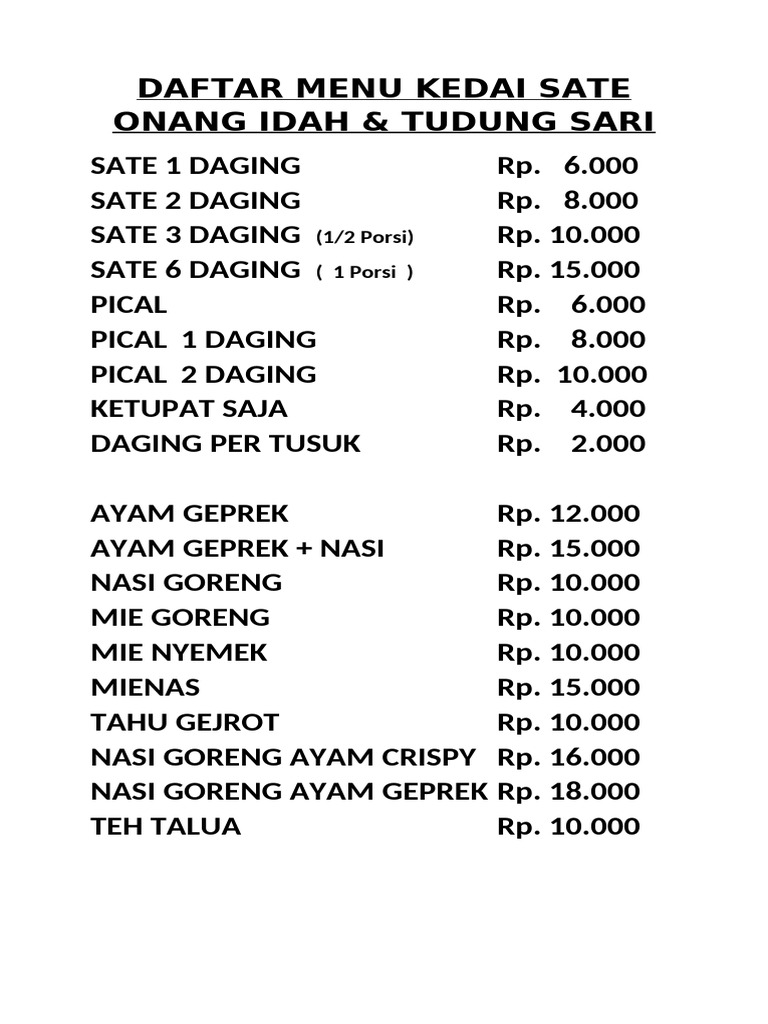 Menu Kedai Sate Onang Idah & Tudung Sari | PDF