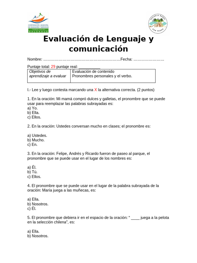 Evaluación de Pronombres y Verbos | PDF | Pronombre | Sintaxis