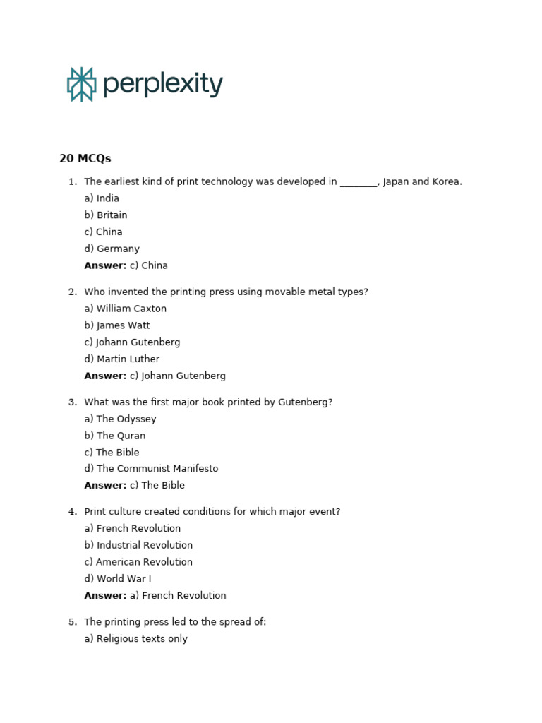 PYQ Questions of Print Culture Ans Modern World | PDF | Printing Press ...