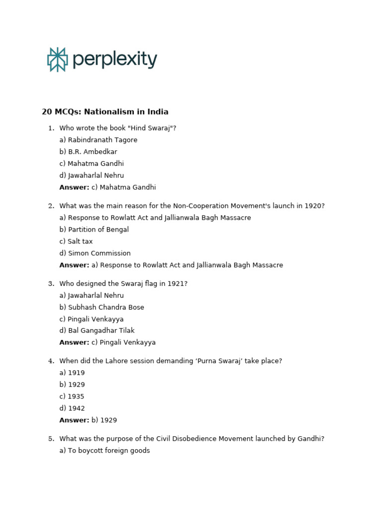 20 MCQs on Indian Nationalism | PDF | Indian Independence Movement ...