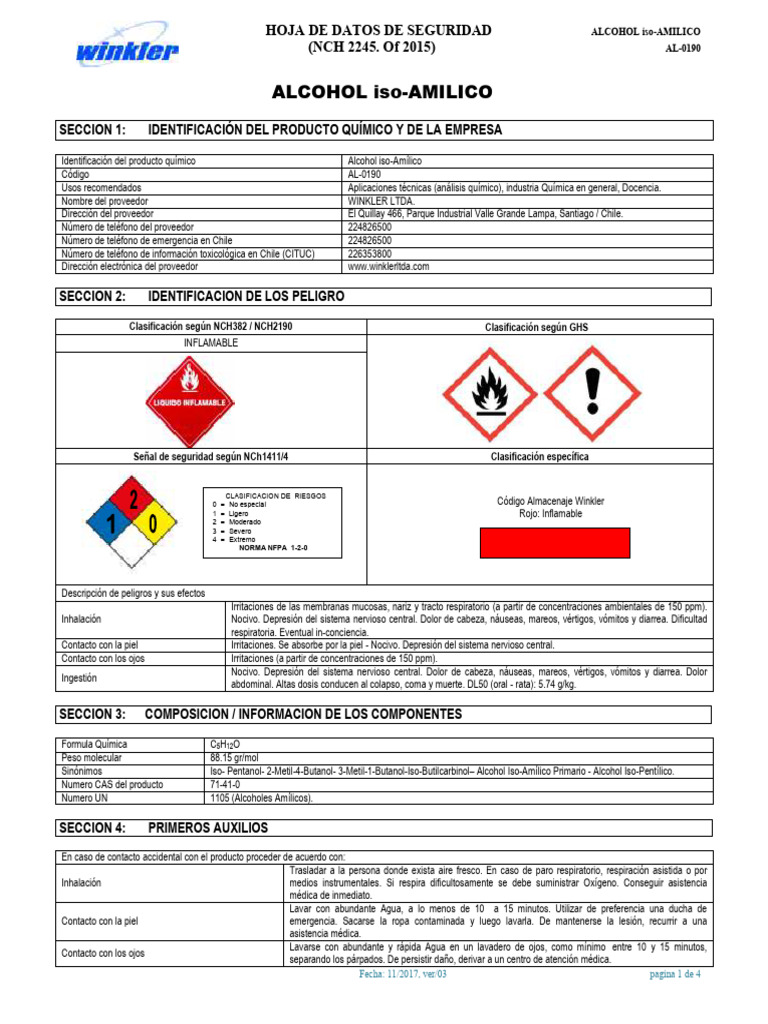 Hoja de Seguridad: Alcohol Iso-Amílico | PDF | Combustión | Solubilidad