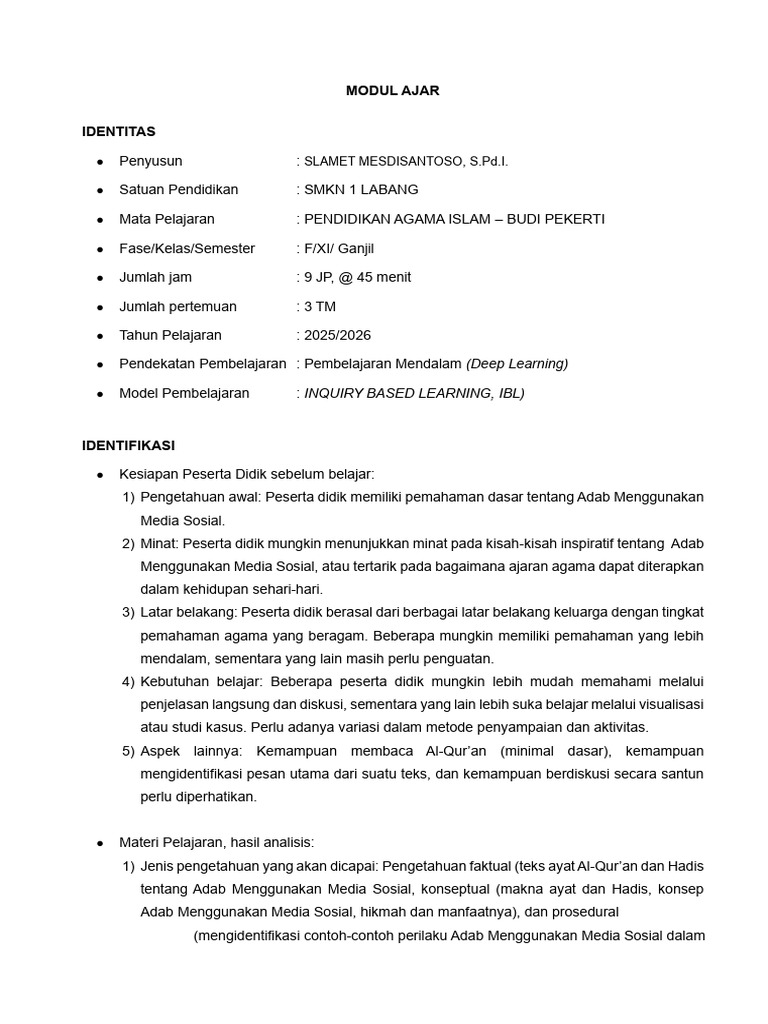 13.8. Modul Ajar PAI Fase E Kls XI BAB 8 Adab Menggunakan Media Sosial | PDF