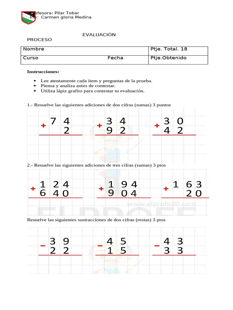 Evaluación Adición De Dos Digitos Con Y Sin Llevada Pdf
