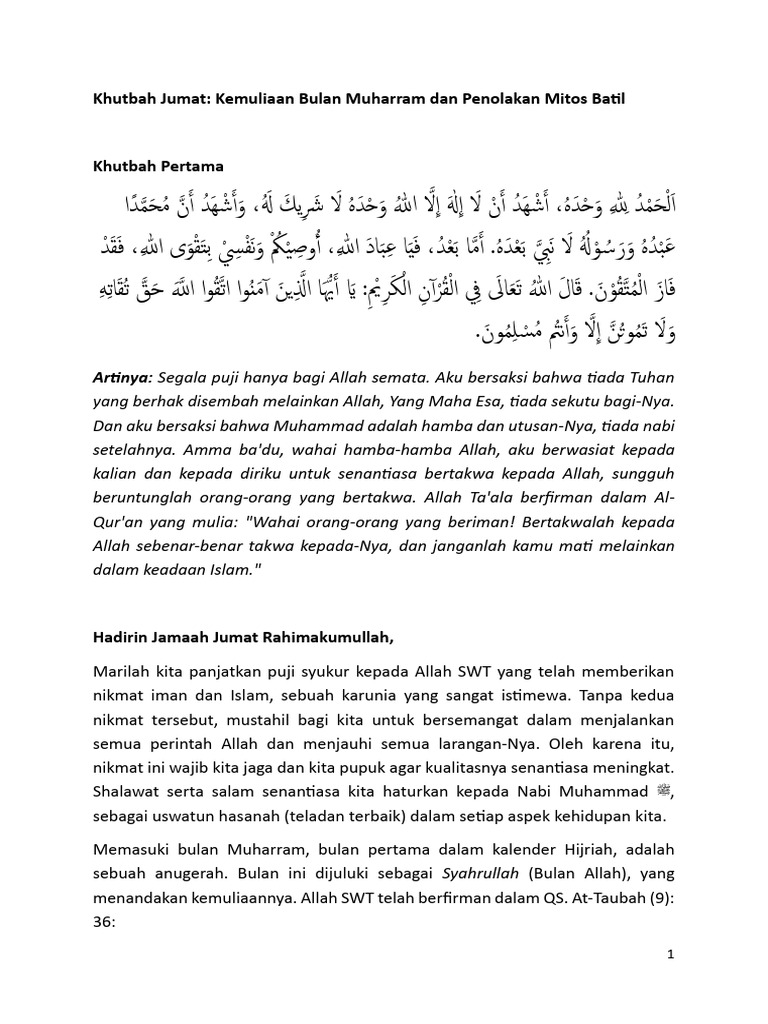 Khutbah Jumat - Kemulian Dan Mitos Bathil Bulan Muharam | PDF