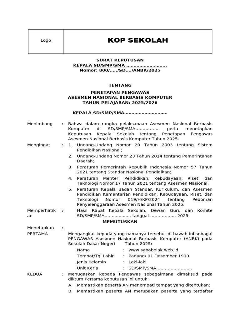 SK Pengawas ANBK 2025 dan Tugasnya | PDF