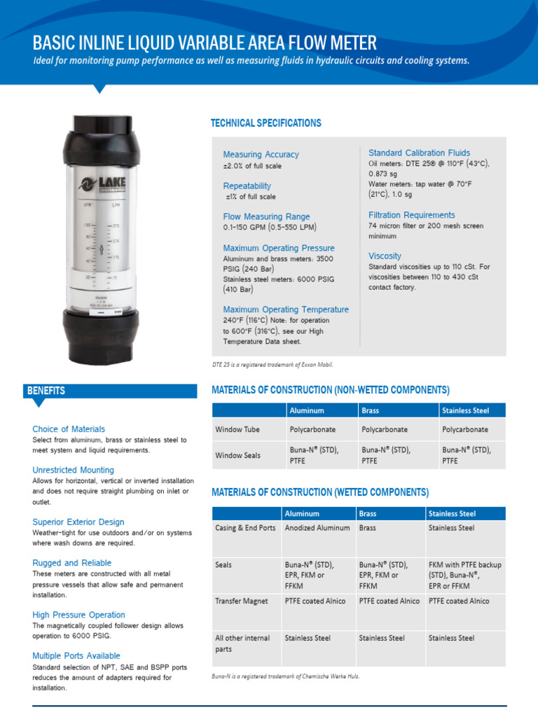 Basic Inline Liquid Variable Area Flow Meter Data Sheet | PDF | Flow Measurement | Mechanical ...