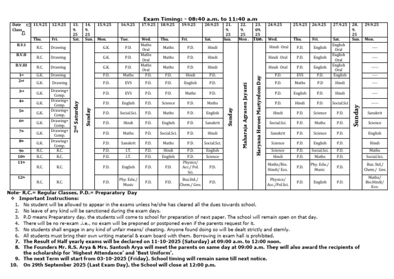 Date Sheet for Half Yearly Examination Sep-2025 | PDF | Chess Theory ...