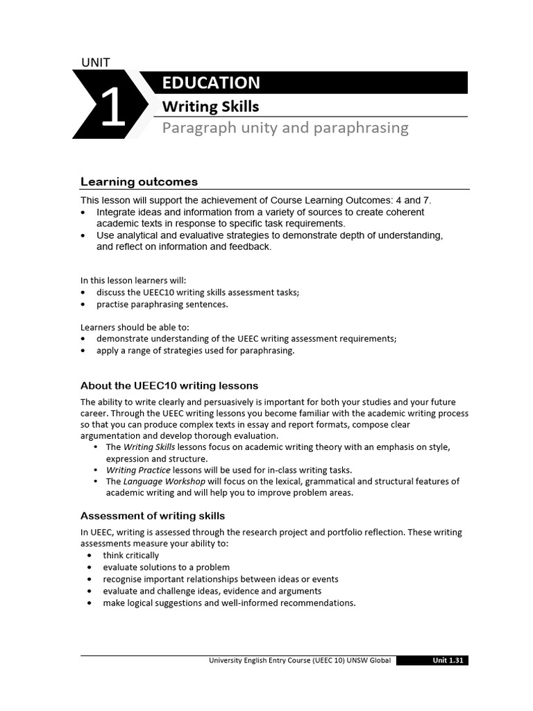 UEEC 10 Writing Skills: Unity & Paraphrasing | PDF | Closed Circuit ...