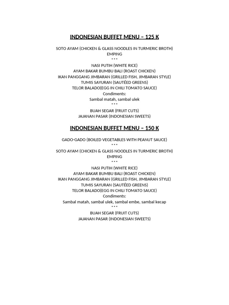 Indonesian Buffet Menu Options | PDF | Indonesian Cuisine | Sauce