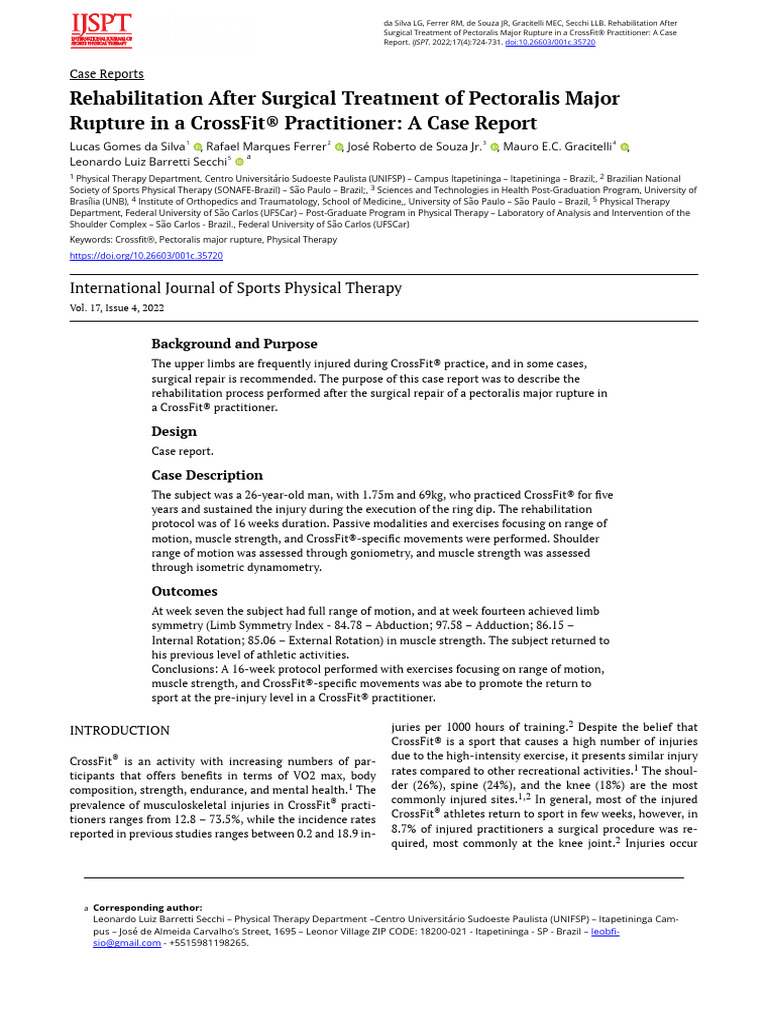 Rehabilitation After Surgical Treatment of Pectoralis Major Rupture in ...