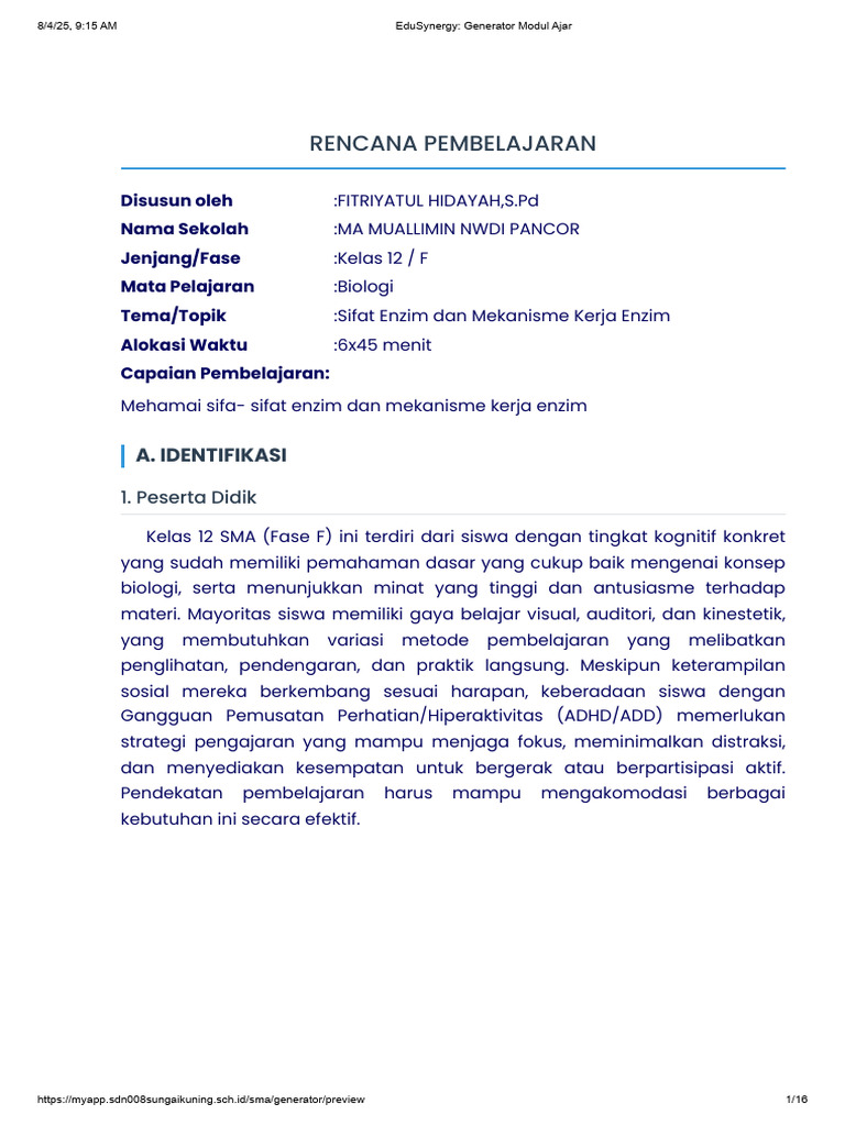 Modul Ajar Mekanisme Kerja Enzim | PDF