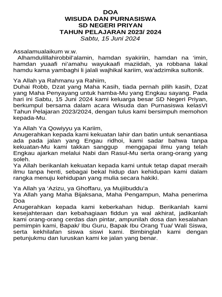 Doa Wisuda SD Negeri Priyan 2024 | PDF