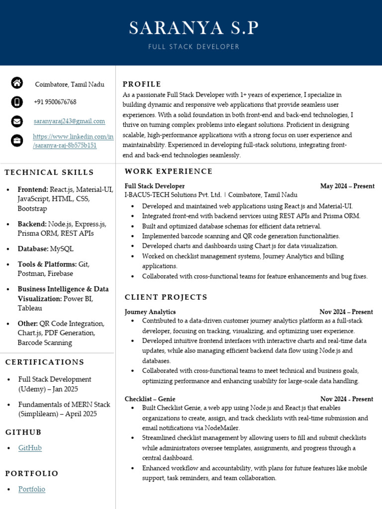 Saranya S.P - Full Stack Resume | PDF | Web Development | Computing