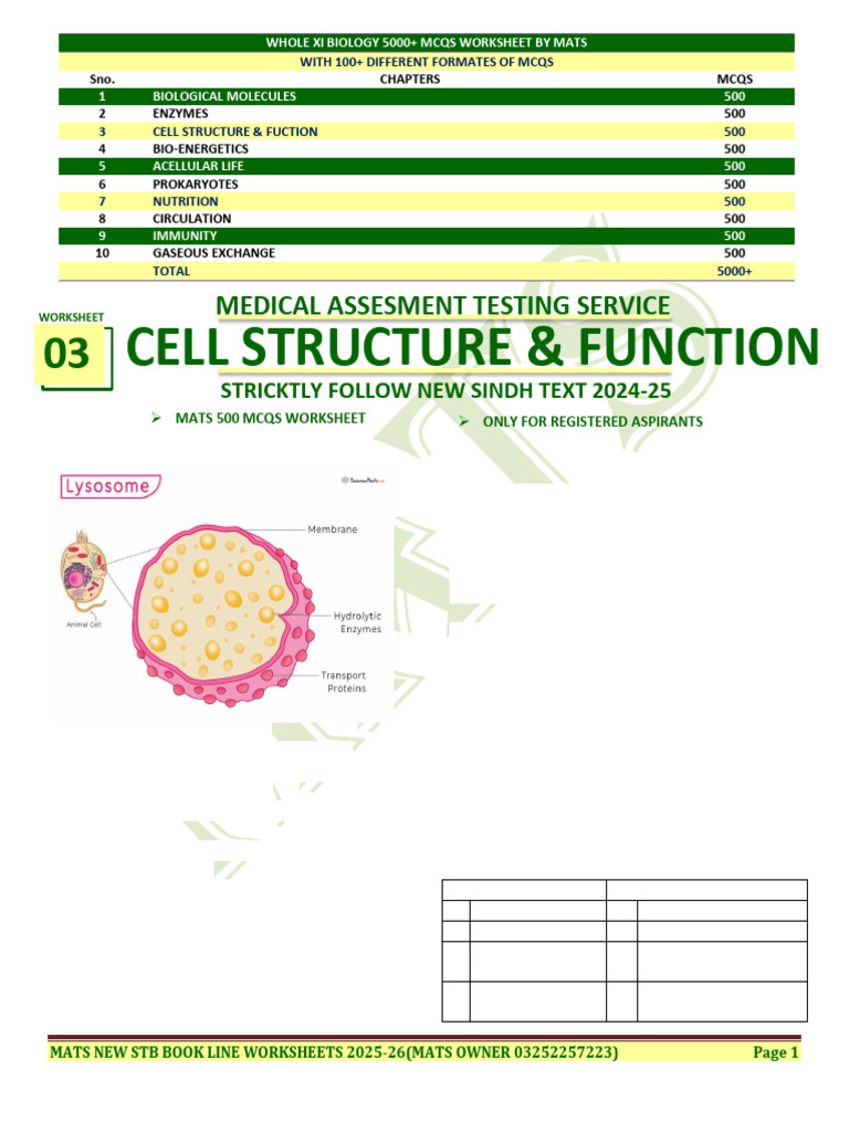 Mats Cell Structure & Function 500 Mcqs STB Book Line Worsheet 2025-26 ...