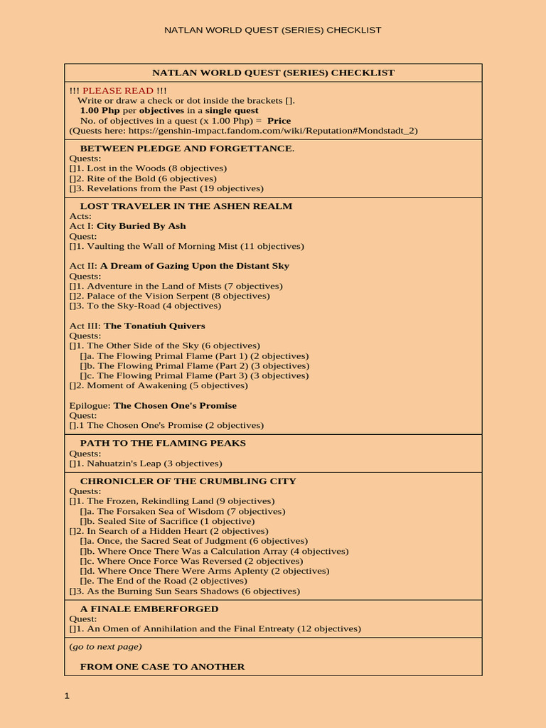 Natlan World Quest Checklist | PDF