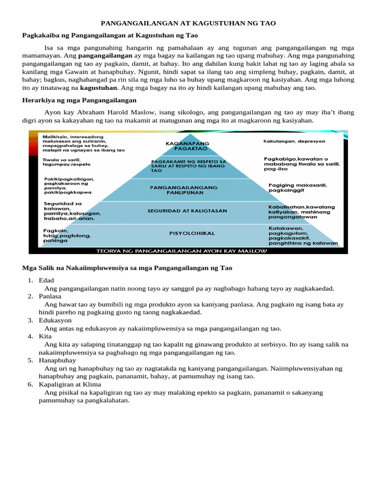 Arpan 9 Aralin 3 Pangangailangan at Kagustuhan | PDF