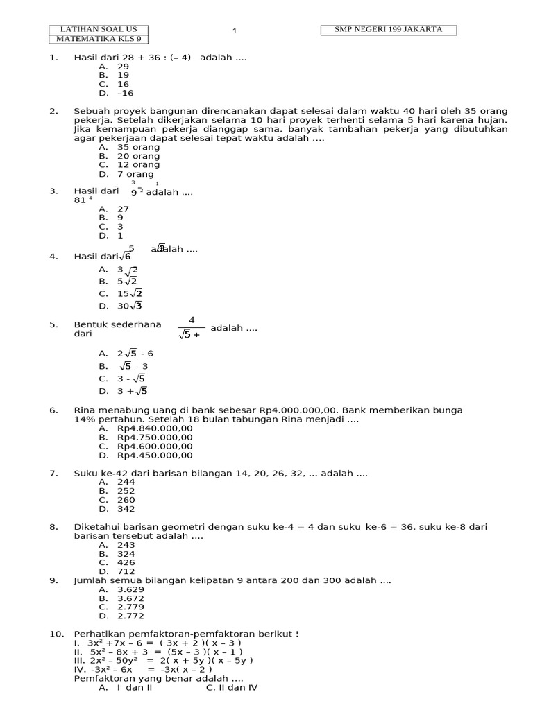Latihan Soal Us MTK Kelas 9 | PDF