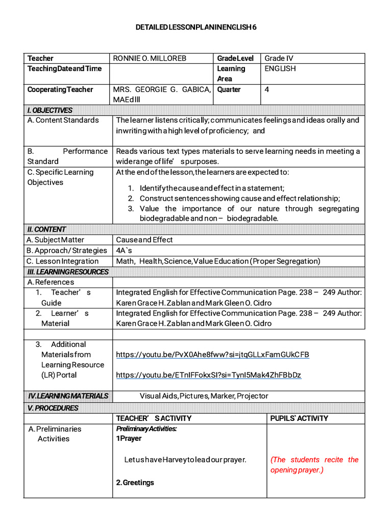 Cause and Effect Lesson Plan for Grade IV | PDF | Teachers | Learning