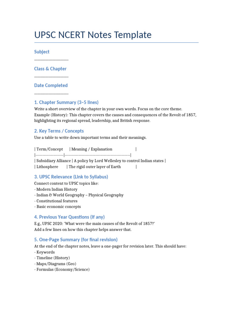 UPSC NCERT Notes Template | PDF