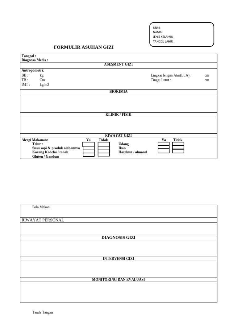 Formulir Asuhan Gizi Rawat Inap | PDF