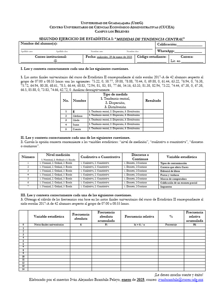 Segundo Ejercicio de Estad-Stica I - Medidas de Tendencia Central - 29 de Enero de 2025 | PDF ...