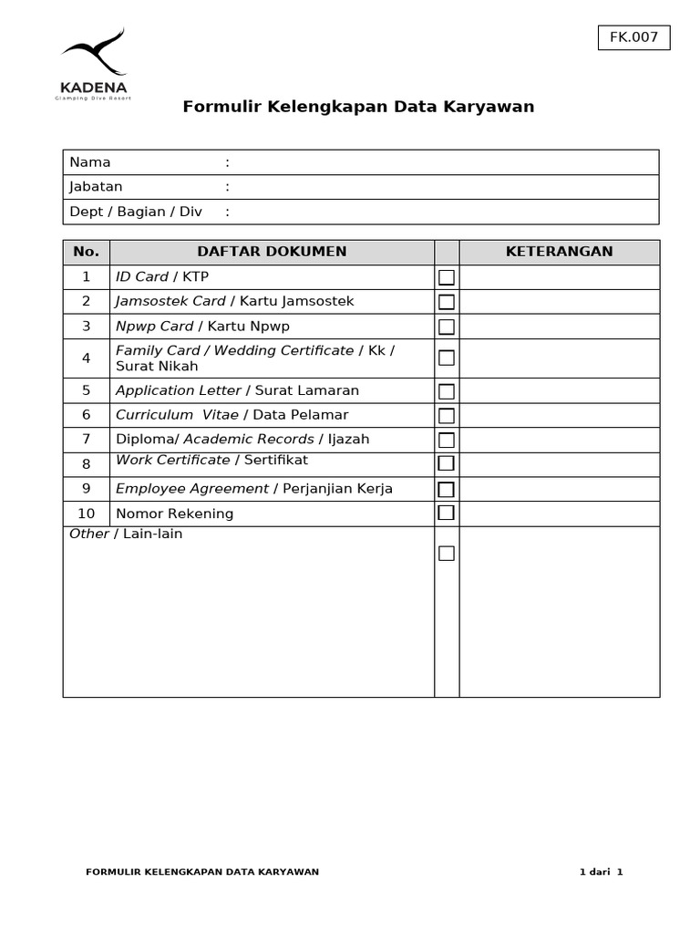 Fk.007 Formulir Kelengkapan Data Karyawan | PDF