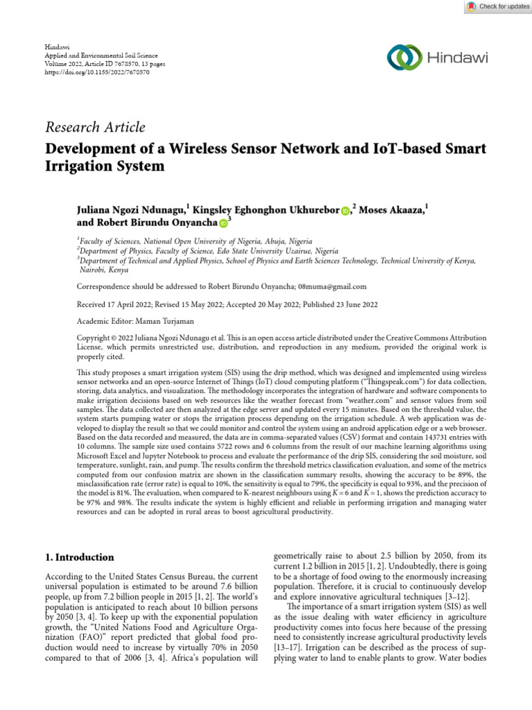Applied and Environmental Soil Science - 2022 - Ndunagu - Development of A Wireless Sensor ...