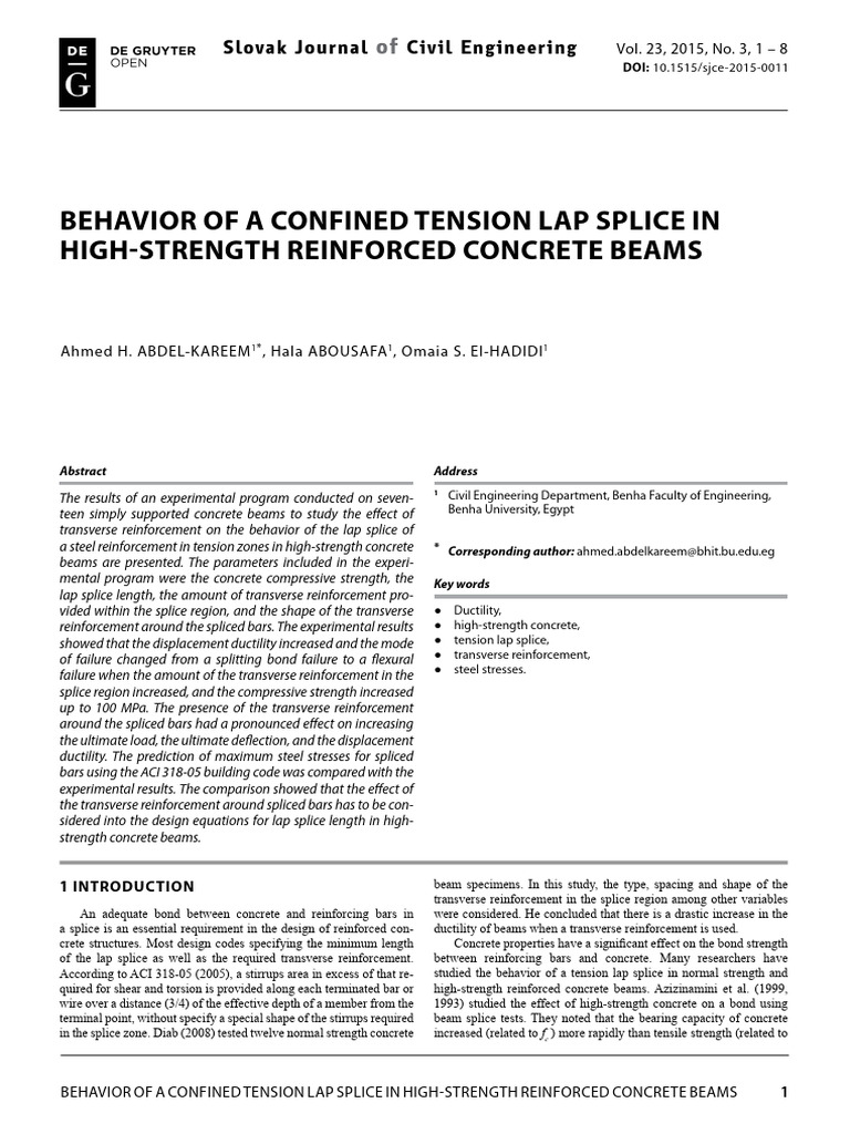 Behavior of A Confined Tension Lap Splice in HighStrength Reinforced ...