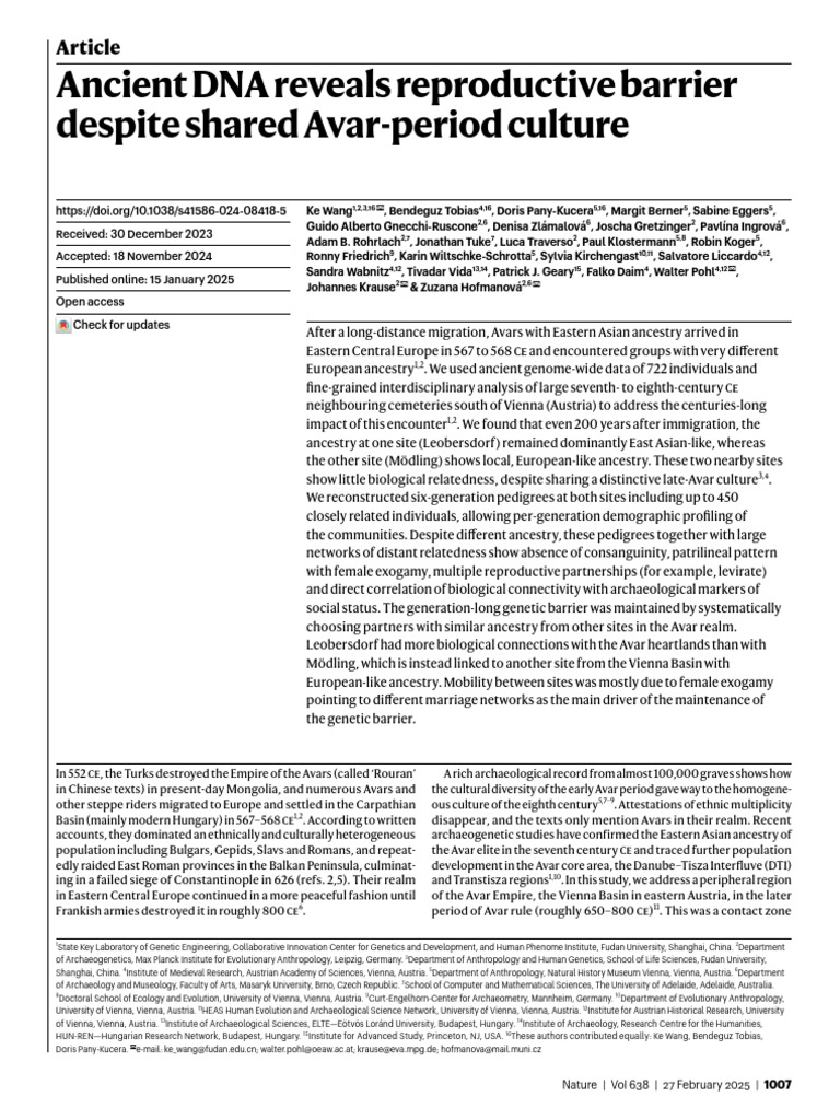 Ancient DNA Reveals Reproductive Barrier Despite Shared Avar-Period Culture | PDF