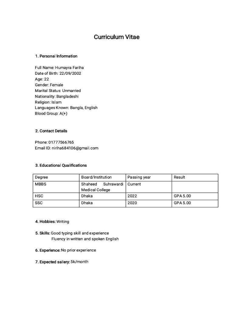 Humayra Fariha's CV: MBBS Student | PDF