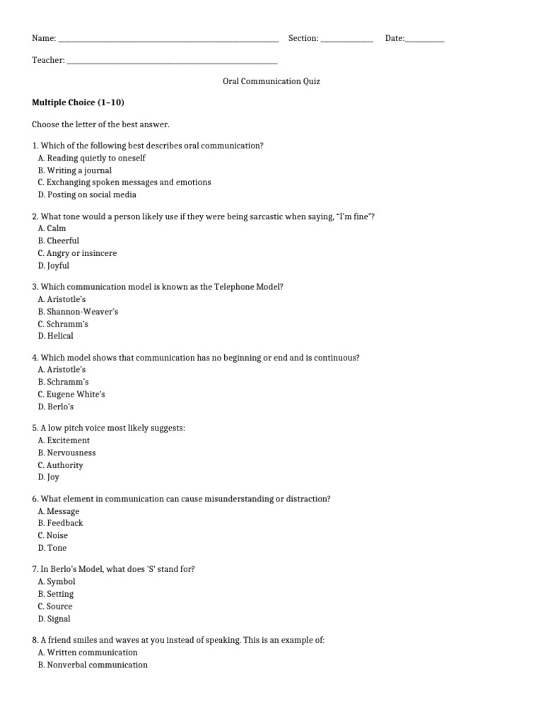Oral Communication Quiz Questions | PDF | Communication | Human ...