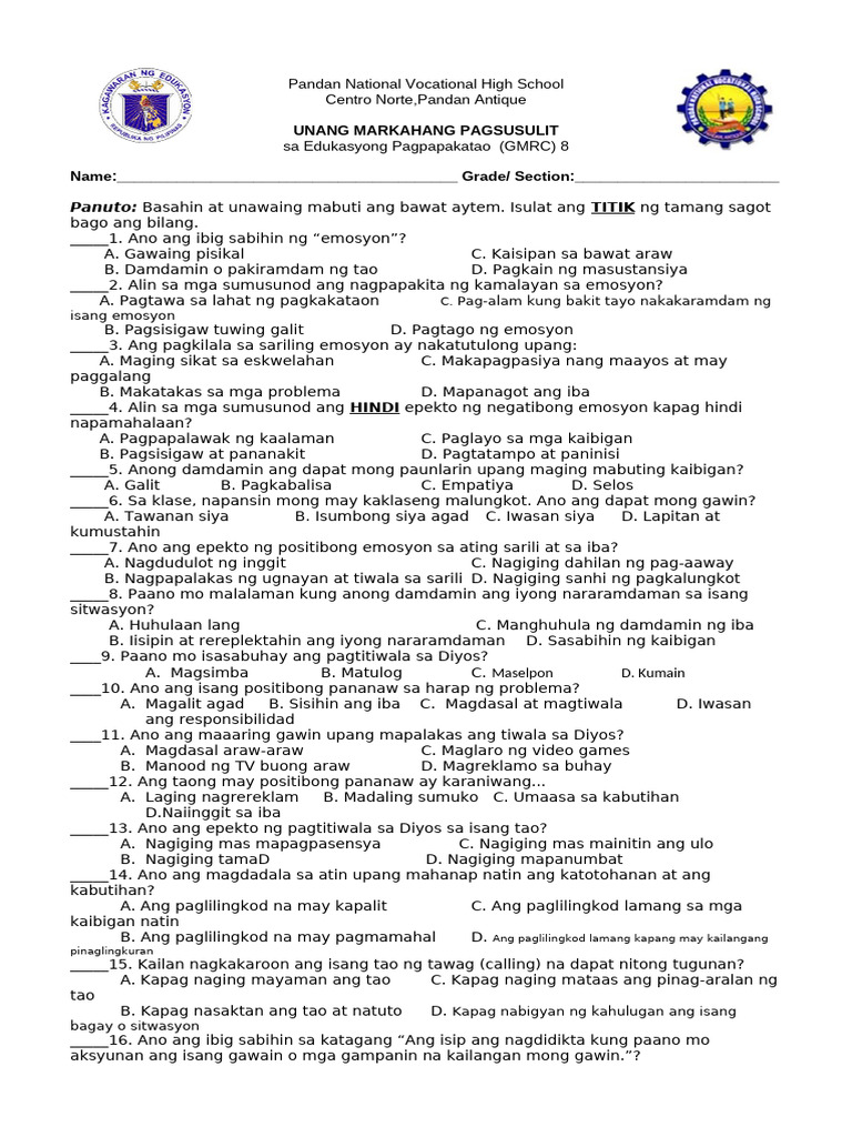 Unanag Markahang Pagsusulit - GMRC 8 | PDF