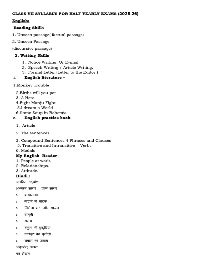 Class VII Half-Yearly Exam Syllabus 2025-26 | PDF | Linguistics | Grammar