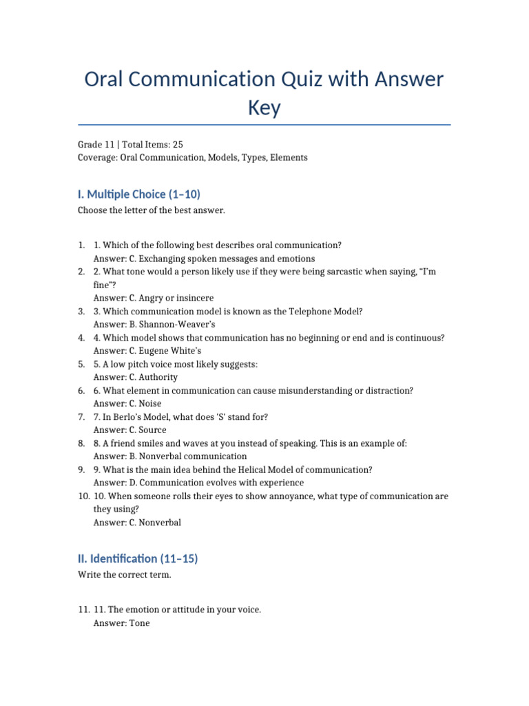 Oral Communication Quiz Grade11 | PDF | Communication | Human Communication