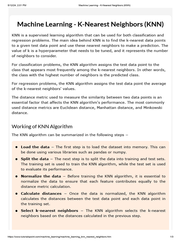 Machine Learning - K-Nearest Neighbors (KNN) | PDF | Artificial Intelligence | Intelligence (AI ...