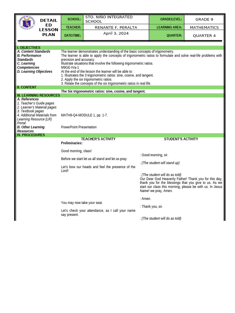 Grade 9 Trigonometry Lesson Plan | PDF | Trigonometric Functions ...