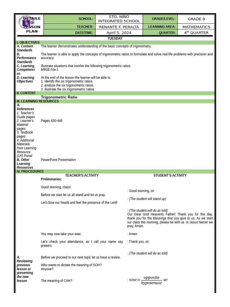 Grade 9 Trigonometry Lesson Plan | PDF | Trigonometric Functions ...