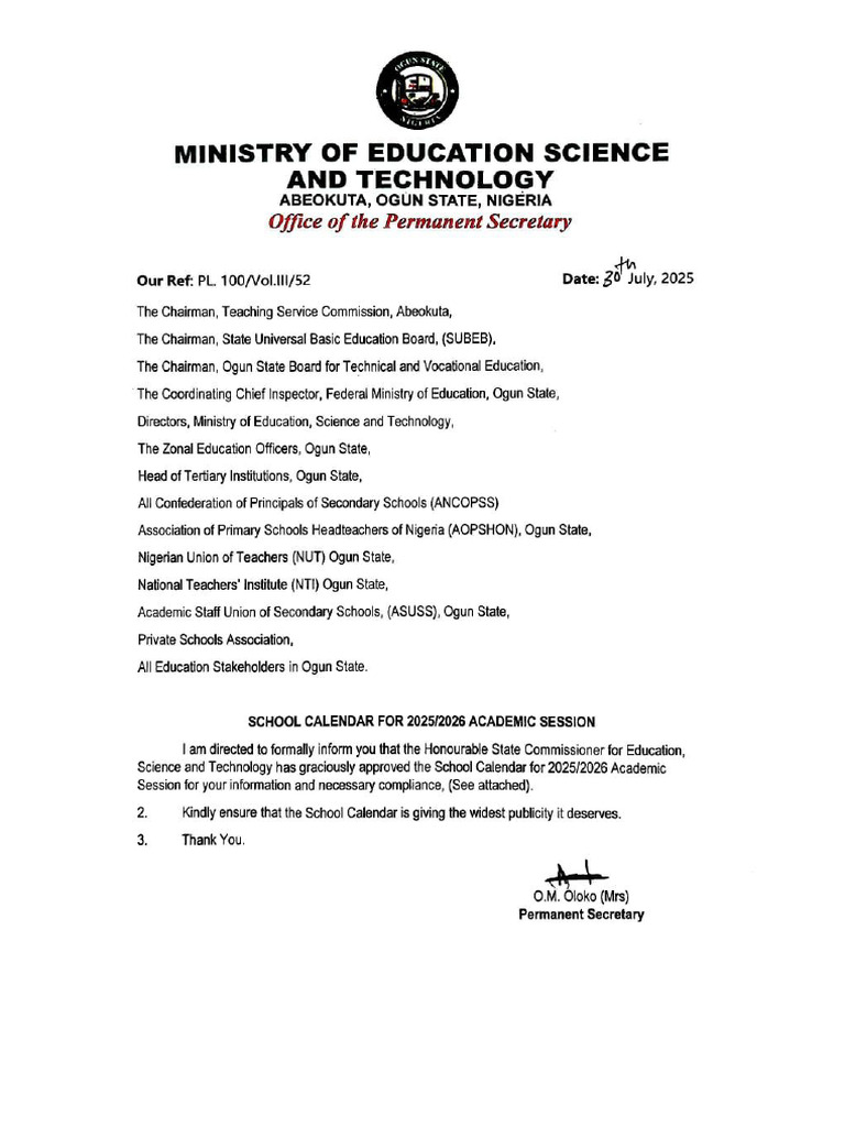Ogun School Calendar, 2025 - 2026 Academic Session | PDF