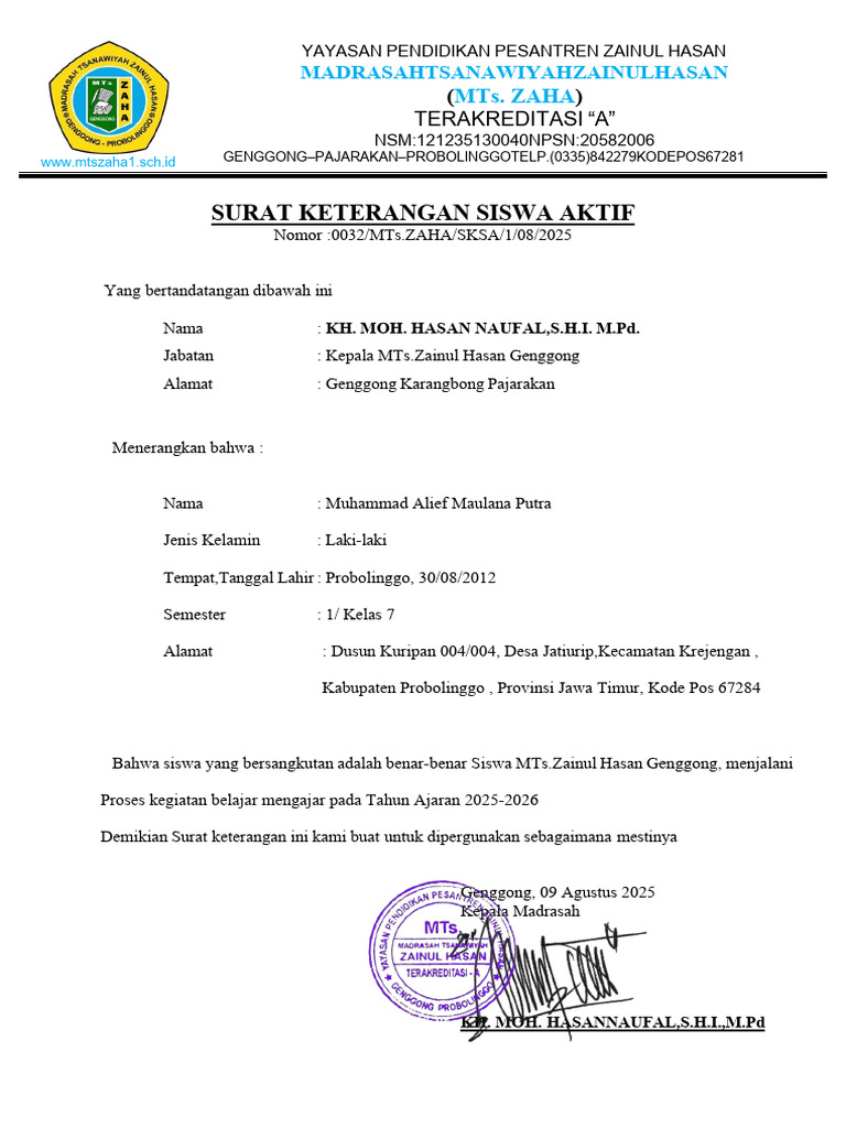 Surat Keterangan Aktif Santri A.N M. Alief Maulana Putra | PDF