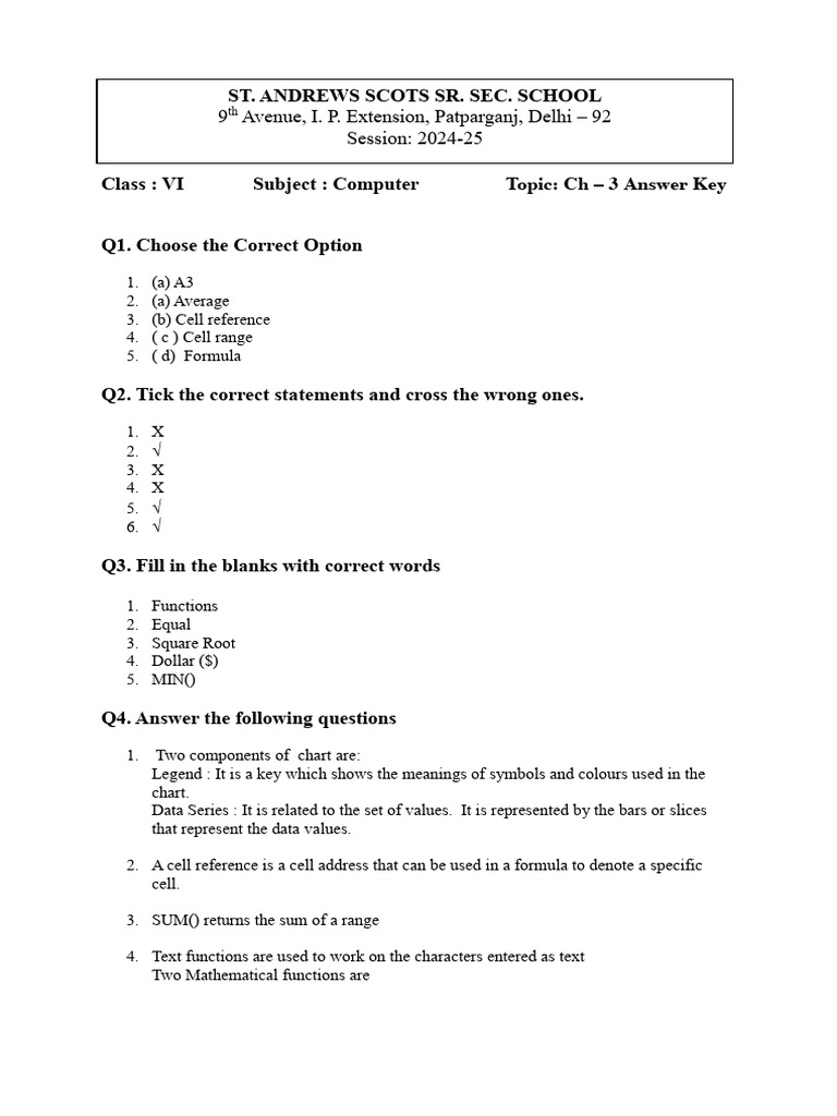 Computer- Ch-3 Answer Key (VI) 2024 | PDF