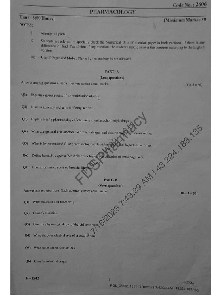 Pharmacology Question Paper 2023 | PDF