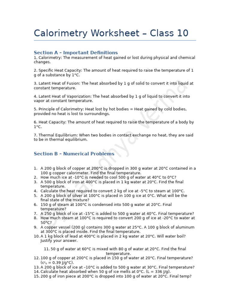 Calorimetry Class10 Worksheet | PDF | Heat | Latent Heat