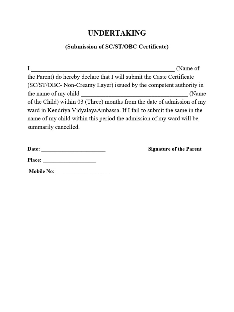 Undertaking: (Submission of SC/ST/OBC Certificate) | PDF