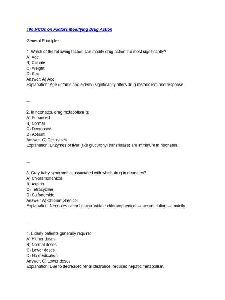 100 MCQs on Drug Action Modifiers | PDF | Enzyme | Pharmacology