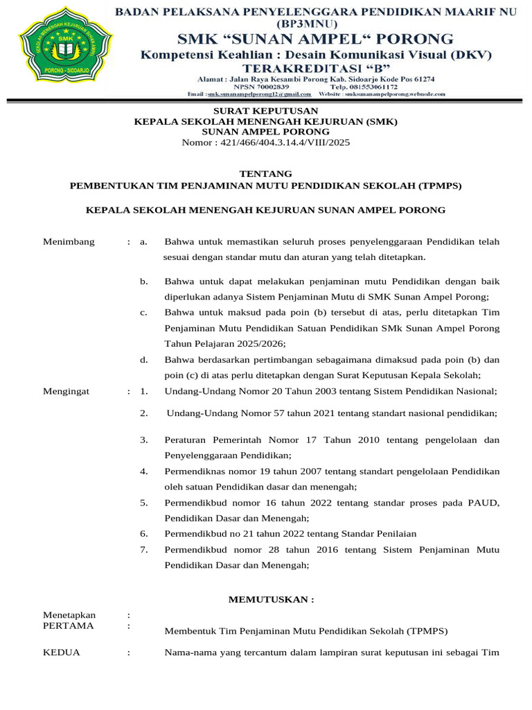SK Tim Penjamin Mutu Pendidikan 2025 | PDF