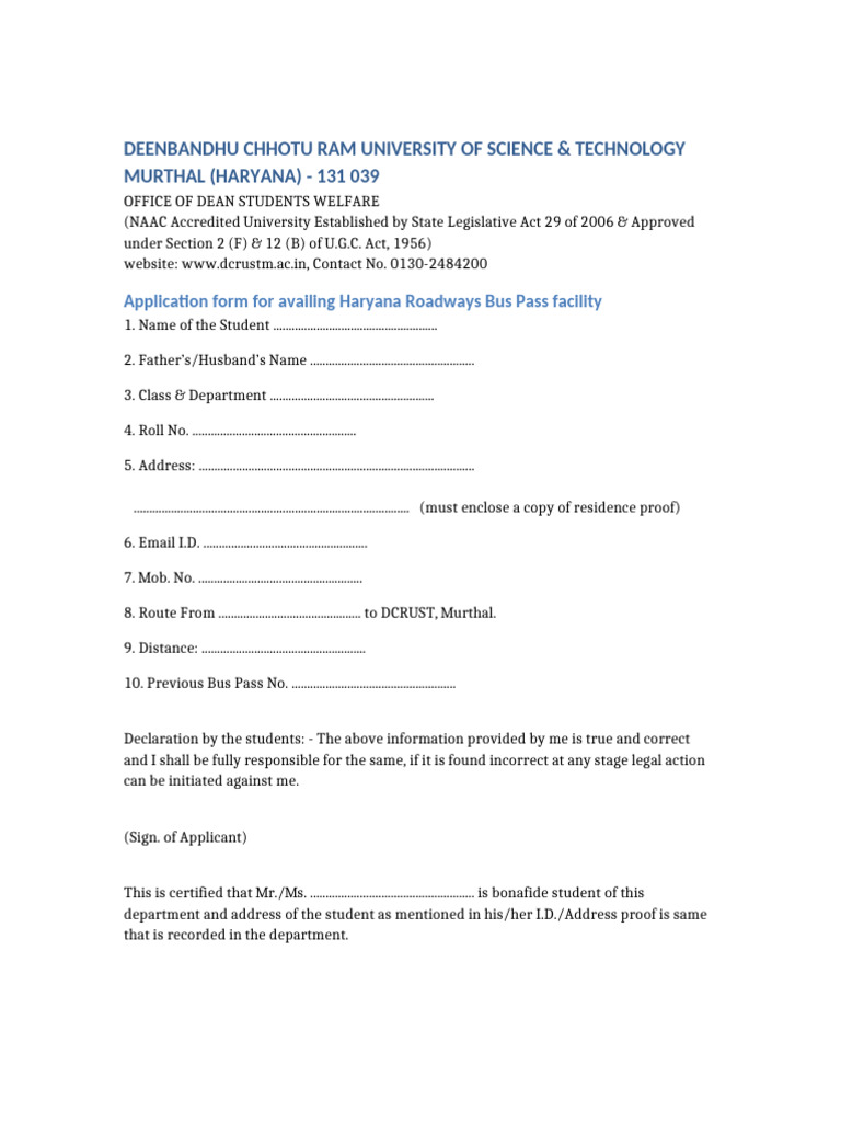 Bus Pass Application Form | PDF