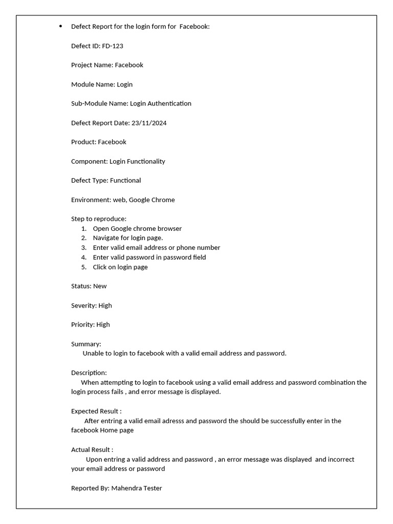 Facebook Login Functionality Defect Report | PDF