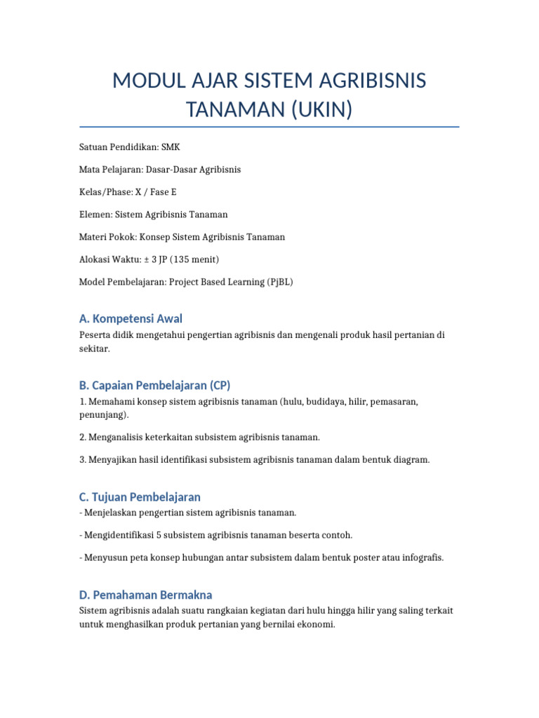 Modul Ajar Sistem Agribisnis Tanaman UKIN | PDF