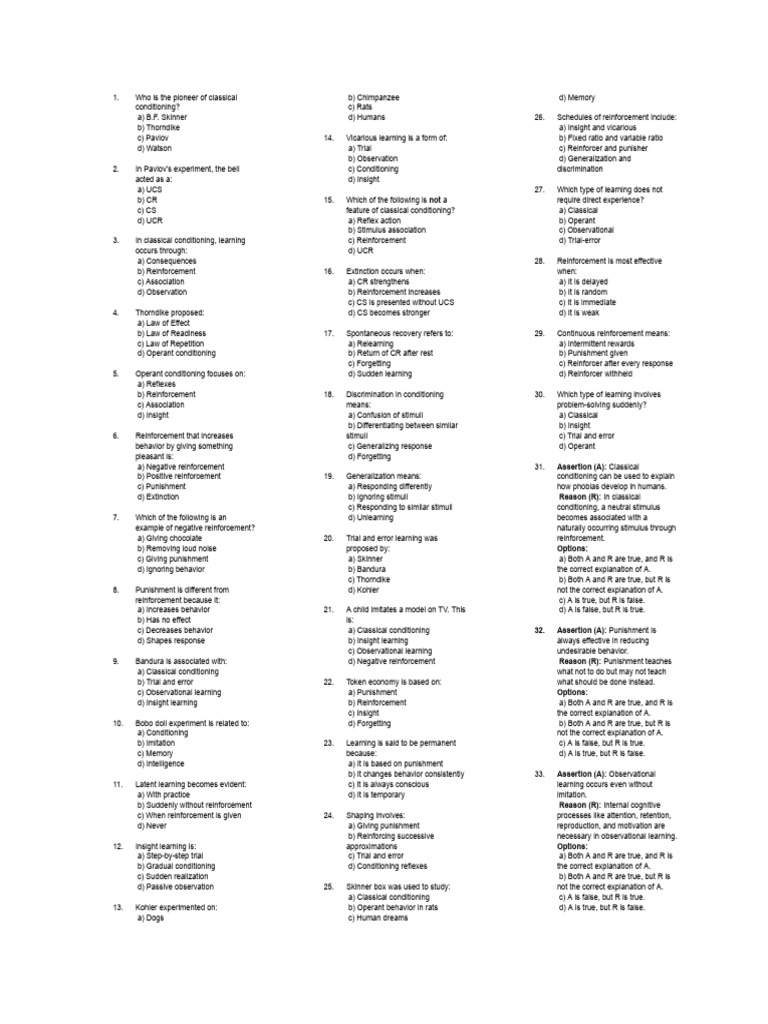 MCQ Psychology - Learning | PDF | Classical Conditioning | Reinforcement