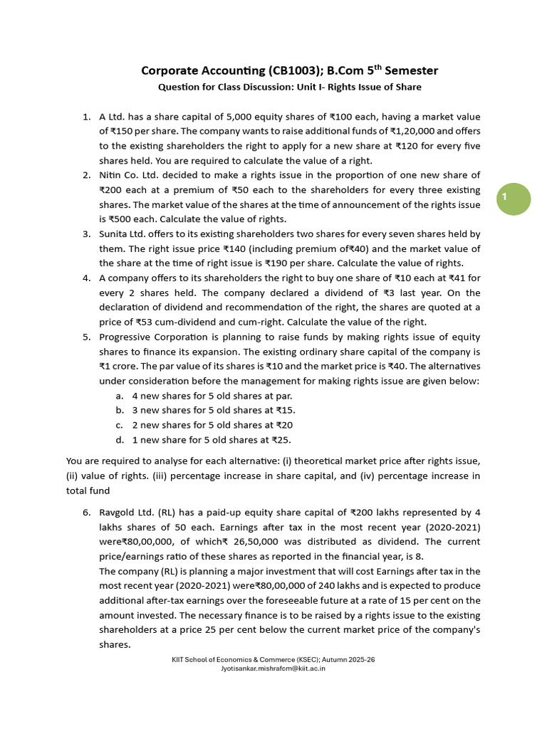 Rights Issue of Share Question For Class Discussion Corporate ...